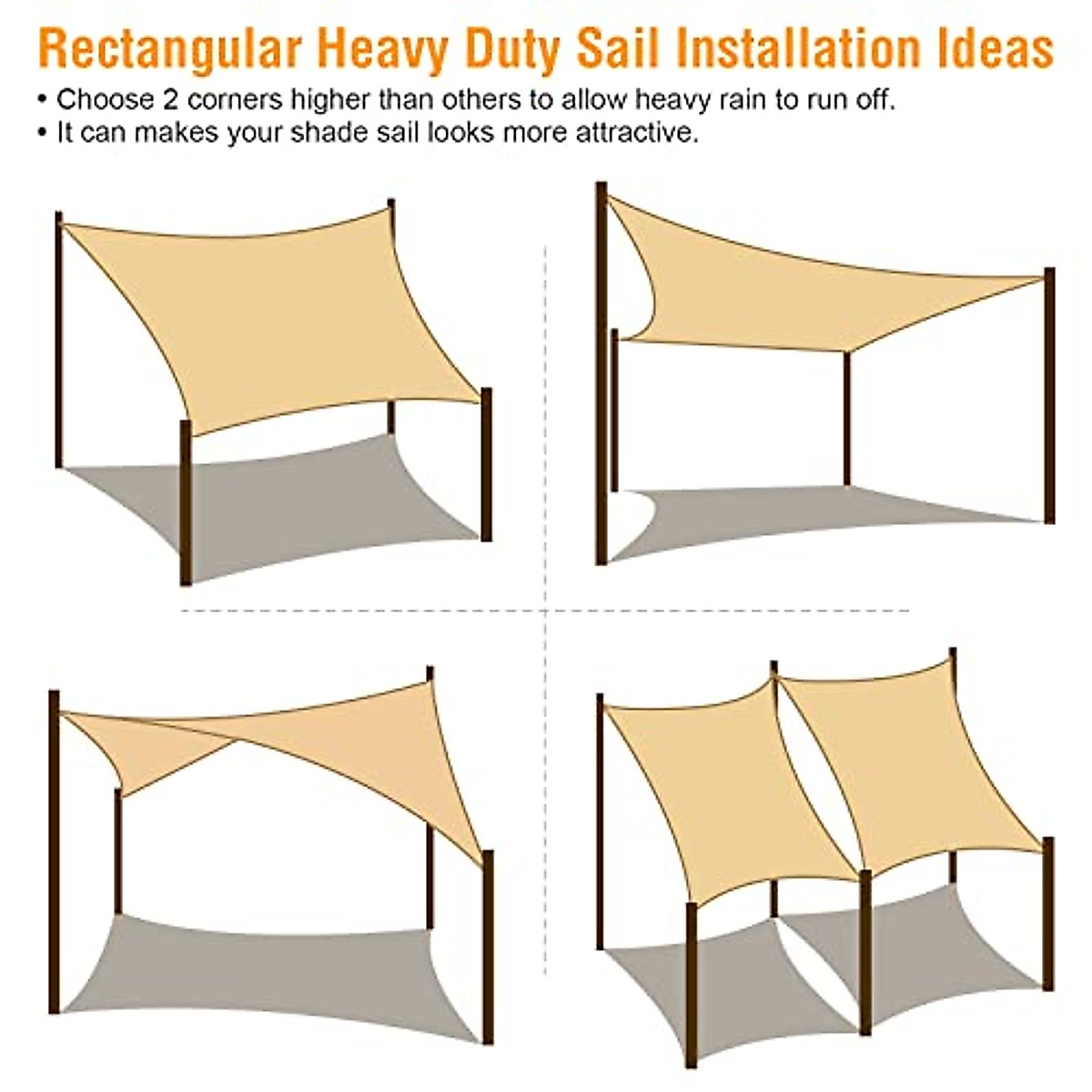 UIRWAY Sun Shade Sail 12x16FT Rectangle Canopy, 95% UV Block, 185GSM Breathable Sunshade for Patio, Garden, Pergola, Backyard - Sand