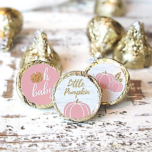 Pink Little Pumpkin Girl Baby Shower Kisses Candy Stickers, Fall Girl Baby Shower Party Favor Stickers - 180 Labels