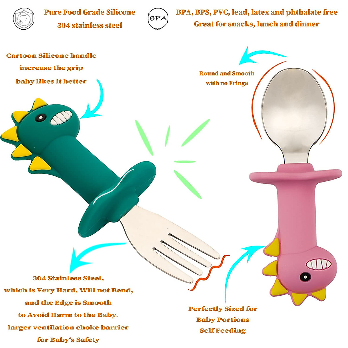 NICINGU Toddler Utensils,Baby Spoons Fork Sets,Kids Silverware with Silicone Handle,Dinosaur Toddler Spoons Forks-Blue