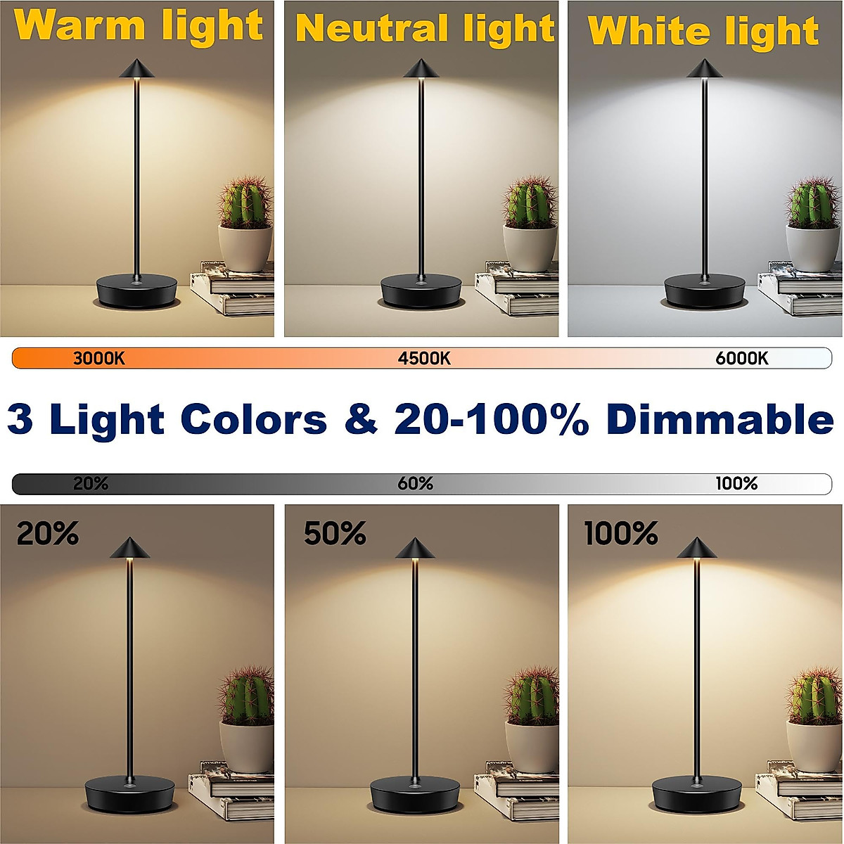 Willdoak Cordless Table Lamp Rechargeable, 6000mAh Battery Operated LED Table Light, Stepless Dimming Portable Waterproof Touch Table Lamp for Patio Restaurant Outdoor