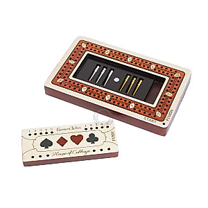 House of Cribbage - 2 Track - Wooden Travel/Pocket Size Cribbage Board - 4 Inch - Inlaid in Maple Wood/Bloodwood with Storage Space for Cribbage Pegs - 60 Points - Non Continuous