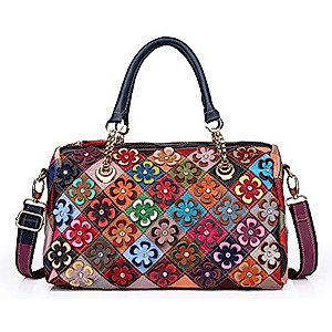 Segater® Women’s Multicolor Floral Boston Bag Genuine Leather Hobo Purses Colorful 3D Splicing Shoulder Bag Ladies Crossbody Bags