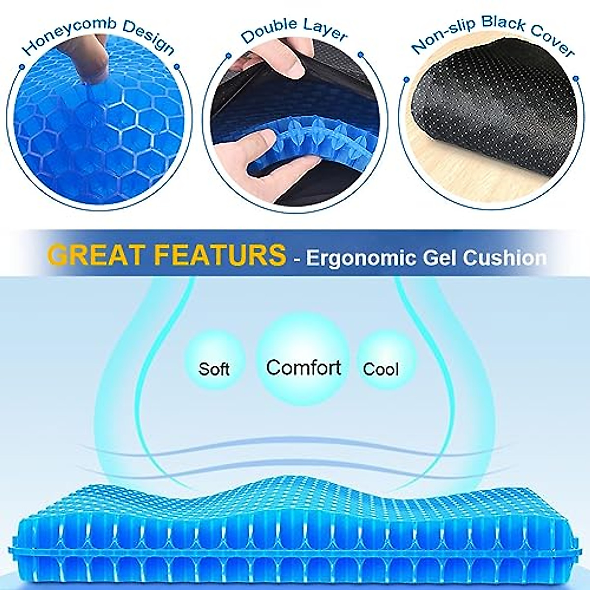 Gel Seat Cushion, Super Large Gel Cushion Chair Pads with Non-Slip Cover for Home Office Car Seat Wheelchair, Soft Breathable Honeycomb Seat Cushion for Relieve Hip Pain, As Seen On TV