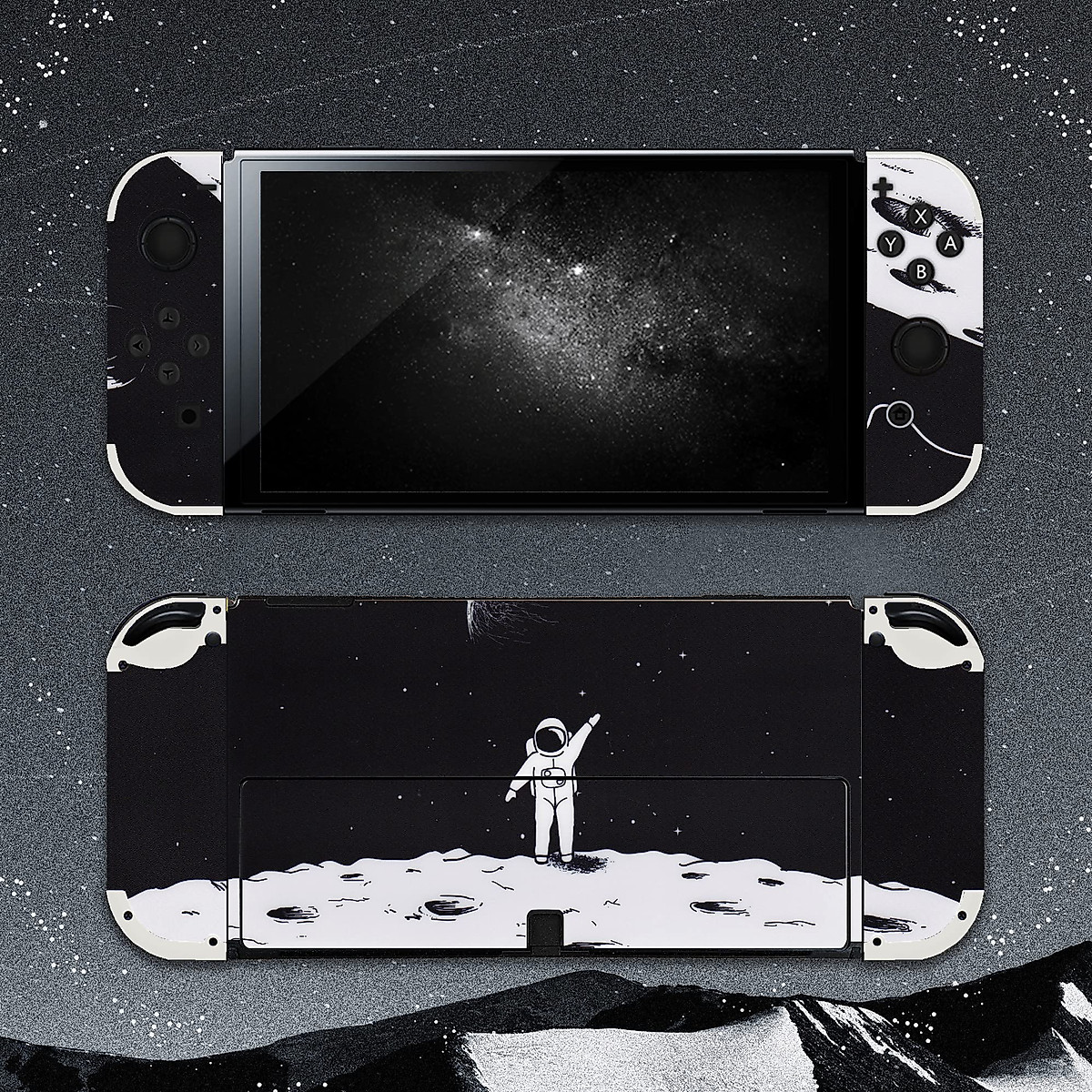 BelugaDesign Space Switch Skin | Cool Sticker Wrap Vinyl Decal | Galaxy Spaceship Astronaut Moon Cute | Compatible with Nintendo Switch (Switch OLED, Black White)