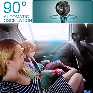 Auto Oscillating Stroller Fan, Battery Operated Fan, Portable Fan with Flexible Tripod, Ultra Quiet USB Desk Fan for Stroller/Car Seat/Treadmill/Camping/Hurricane/Outage, Black