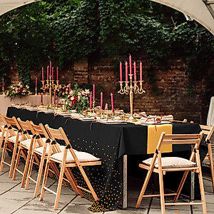 8Pack Disposable Plastic Tablecloths and Satin Table Runner Set Black Gold Dot Table Cloth Gold Satin Table Runner for Graduation Wedding Birthday Baby Shower Anniversary Holiday Party Decorations