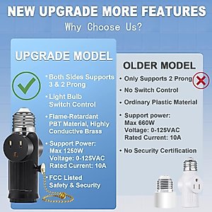 2 PCS Light Socket to Plug Adapter, Both Sides Sockets Support 3 Prong Light Socket Outlet Adapter, Light Bulb Outlet Socket Adapter with Switch Control, E26 E27 Light Bulb Socket Adapter - Black