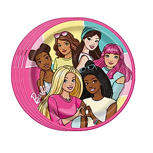 Barbie Birthday Party Supplies Bundle includes 16 Lunch Plates, 16 Napkins, 1 Table Cover, 1 Banner, 16 Loot Bags, 1 Dinosaur Sticker Sheet