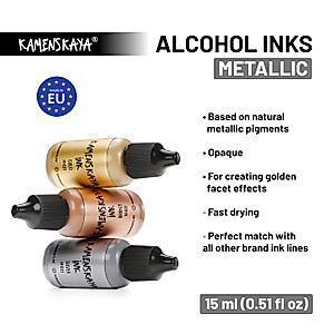 KAMENSKAYA Metallic Alcohol Ink Set: Gold Alcohol Ink, Silver Alcohol Ink, Bronze Alcohol Ink, 0.51 fl oz (15 ml) Each