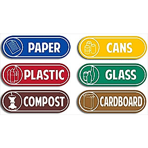 6PCs Recycling Signs Sticker Card Paper Glass Plastic Cans Compost 185mm(wide)