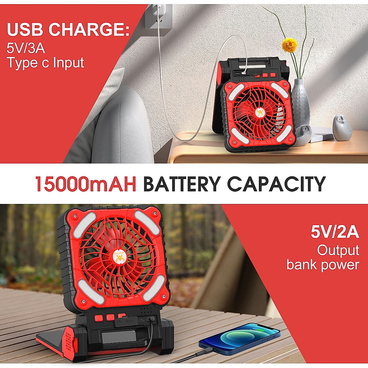 Solar Camping Fan, 15000mAh Outdoor Portable Rechargeable Tent Fan Camping Essentials Personal Cooling Fan Battery Operated with Lights,4 Speed,3 Timers, for Picnic, Hurricane, Fishing, Worksite