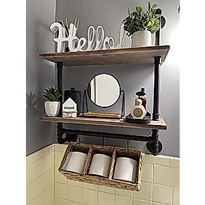 ROGMARS Industrial Pipe Shelf Floating Shelves Bathroom,Industrial Pipe Shelving Farmhouse Bathroom Shelves with Towel Bar Towel Rack Over Toilet Industrial Shelf Rustic Wall Wood Shelves 19.7 Inch