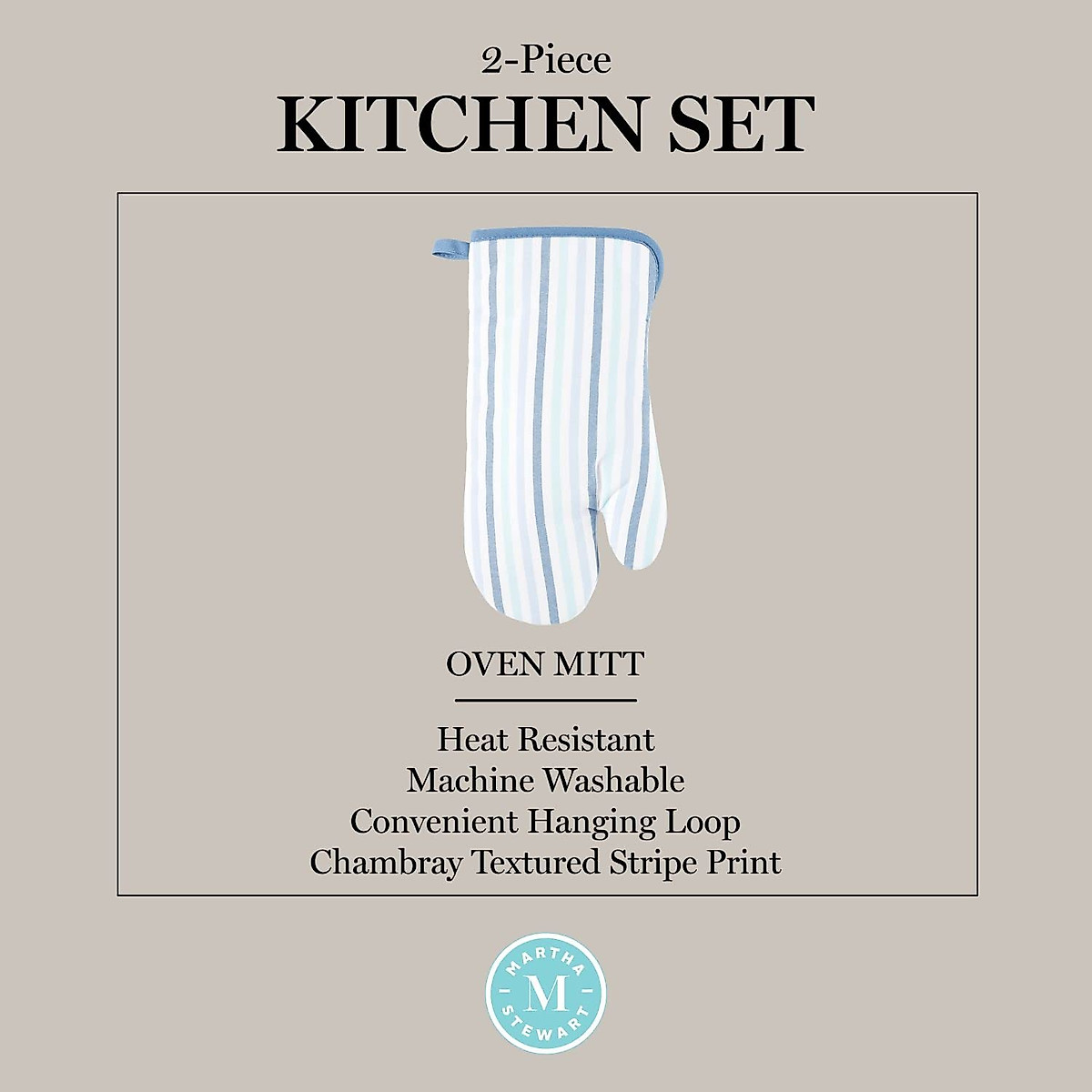 Martha Stewart Daisy Stripe Oven Mitt Set, 7"x13", Blue