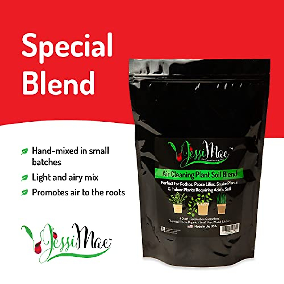 Jessi Mae - Air Cleaning Plant Soil - Acidic Organic pH Balanced Potting Soil - for Peace Lily, Snake Plant, Pothos, Parlor Palm, and Other Indoor Plants - Well-Draining Potting Soil - 4 Quarts