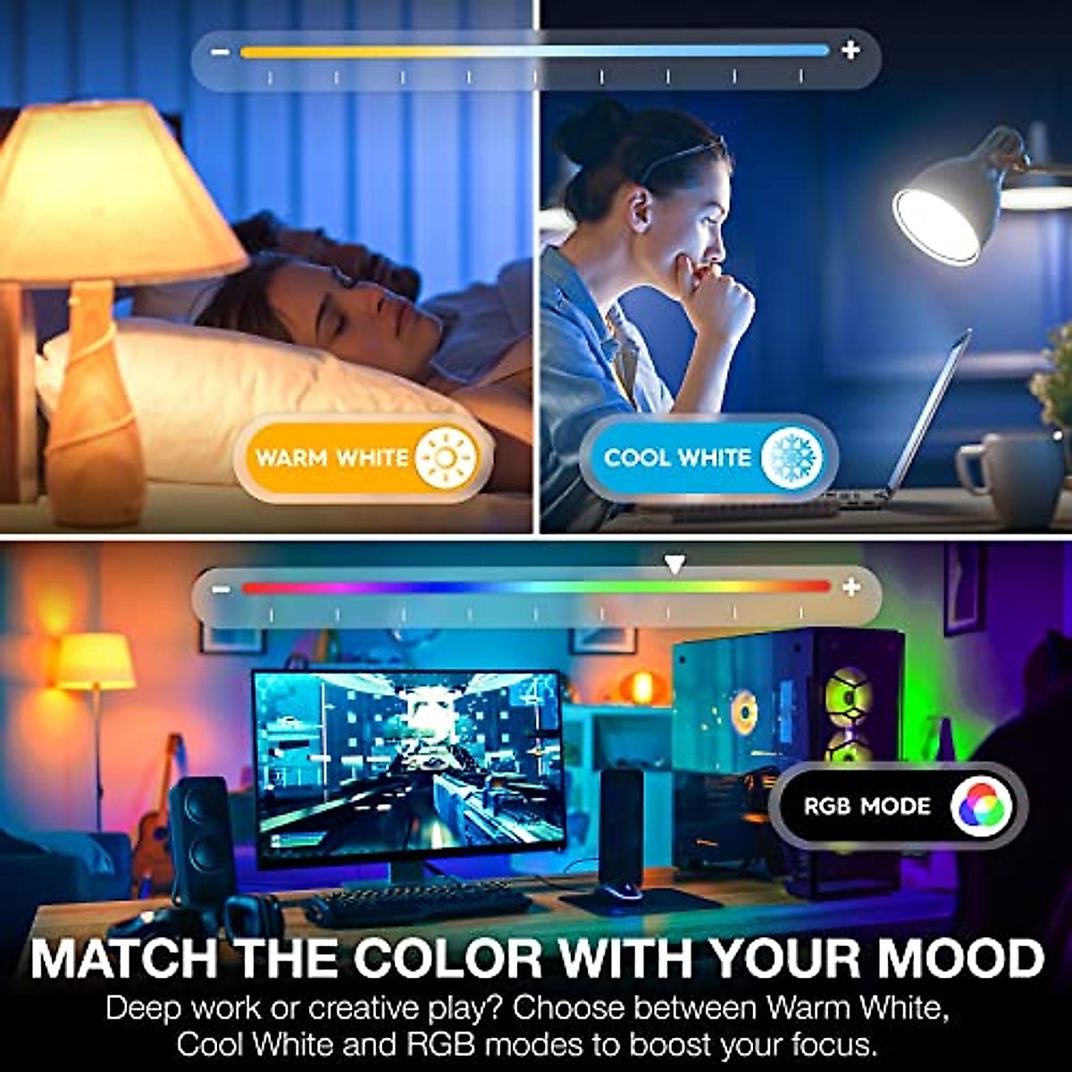 Smart Light Bulbs [4 Pack], WiFi 2.4GHz & Bluetooth 5.0, Compatible w/ Alexa & Google Without Hub, Dimmable, Music Sync, Schedules, Color Changing Bulb RGBCW Smart Bulbs, LED Bulb, A19/E26 9W 810LM