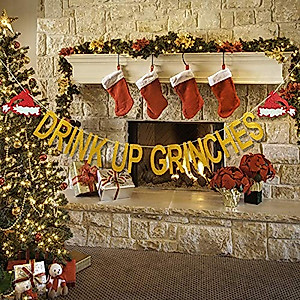 LeeSky Drink Up Grinches Banner Gold Glitter Grinch Christmas Decorations, The Grinch Party Decor, Merry Christmas Banner, Ugly Christmas Sweater Party Decor