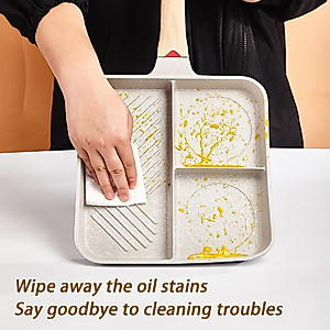 3 in 1 Divided Saute Pan, Divided Pan for Cooking, Divided Cooking Pan for Stove Tops, Nonstick Egg Frying Pan for Pancakes, Bacon and Sausage, Omelet Pan for Indoor Cooking & Outdoor Grilling (Beige)