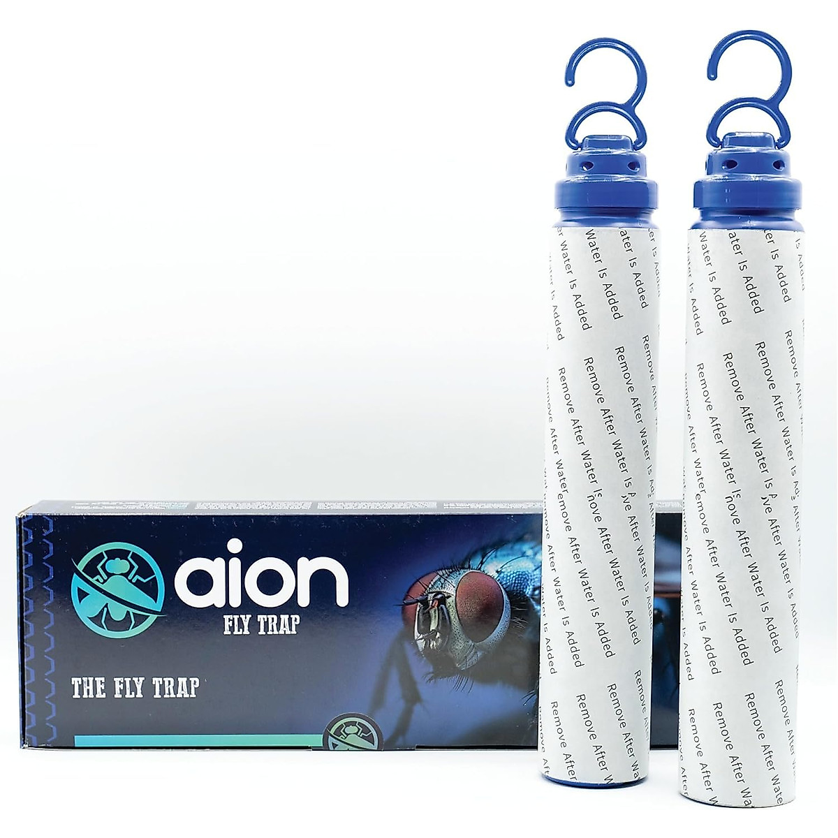 Aion Outdoor Fly Traps with Natural Bait Attractant and Hanging Hooks for Trapping Fruit and Horse Flies, Gnats, and Flying Insects or Bugs, Patio, Camping, and Backyard Disposable Catchers, 2 Pack