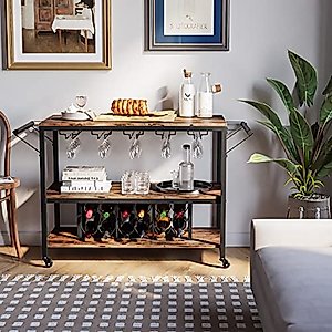 3-Tier Wine Table, Serving Bar Carts for The Home with Glass Holder, Mini Home Bar, Industrial Liquor Carts on Wheels, Rustic Wood and Metal Coffee Station and Drink Trolley for Dining Room, Kitchen