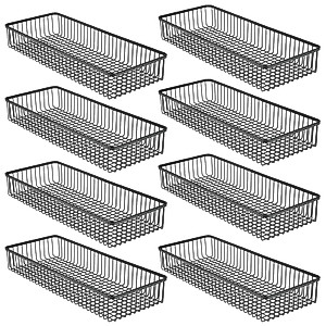 mDesign Metal Farmhouse Kitchen Cabinet Drawer Organizer Basket Tray, Shallow Storage Bin for Cutlery, Serving Spoons, Cooking Utensils, Appliances, Gadgets, Unity Collection, 15" Long, 8 Pack, Black