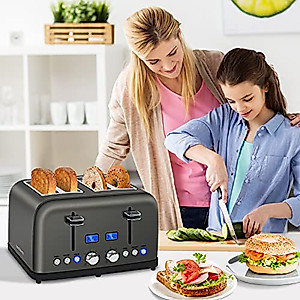 SEEDEEM Toaster 4 Slice, Bread Toaster with LCD Display, 6 Shade Settings Stainless Toaster, 1.5'' Wide Slots, Digital Toaster for Bagel, Defrost, Reheat, Dual Control, Removable Crumb Tray, 1500W, Dark Metallic