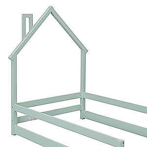 SIYSNKSI Twin Size Platform Bed, Wooden Platform Bed Frame with House-Shaped Headboard, Floor Bed with Fences for Kids Boys Girls Bedroom, Easy Assembly (Light Green + Pine 04)