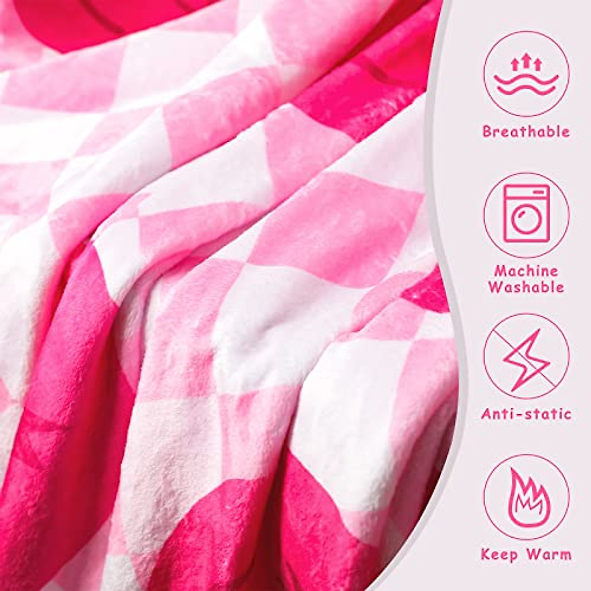 Hot Pink Preppy Throw Blanket Cute Flannel Soft Blanket Plush Cozy Fuzzy Blanket Preppy Bedding Stuff Preppy Room Decor for Dormitory Living Room 50 x 60 (Checkered Smile Face)