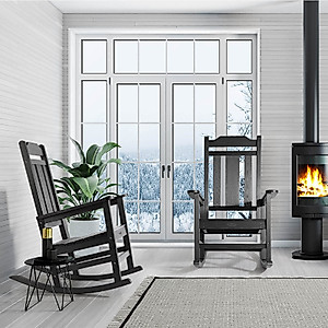 hOmeHua Rocking Chair, All-Weather Oversized Outdoor Indoor Chair, Patio Fade-Resistant Porch Rocker Chair, Durable Smooth Rocking, Comfortable Easy to Assemble, Low Maintain (Black)