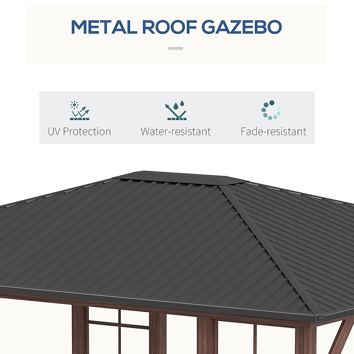 Outsunny 10' x 12' Hardtop Gazebo with Galvanized Steel Roof, Wood Grain Steel Frame, Heavy Duty Permanent Pavilion Outdoor Gazebo, for Garden, Patio, Backyard, Deck, Lawn