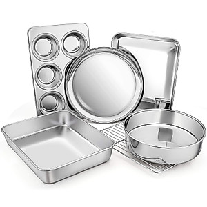 Toaster Oven Bakeware Set, E-far 6-Piece Stainless Steel Small Baking Pan Set, Include Cake Brownie Pan/Cookie Sheet with Rack/Muffin Tin/Pizza Pan, Non-Toxic & Healthy, Easy Clean & Dishwasher Safe