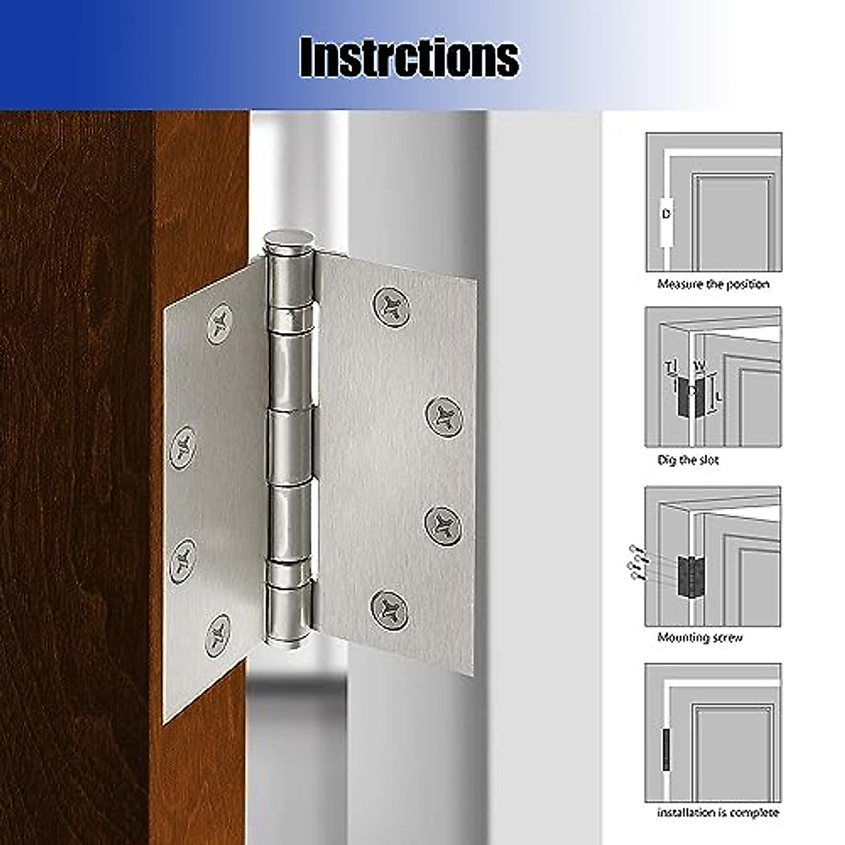 6-Pack Heavy Duty Commercial Door Hinge with Silent Steel Plain Ball Bearing, 4.5 inch X 4.5 inch, Thickness 3 mm Stainless Steel, Square Corners with 48 Screws, Super Bearing Capacity