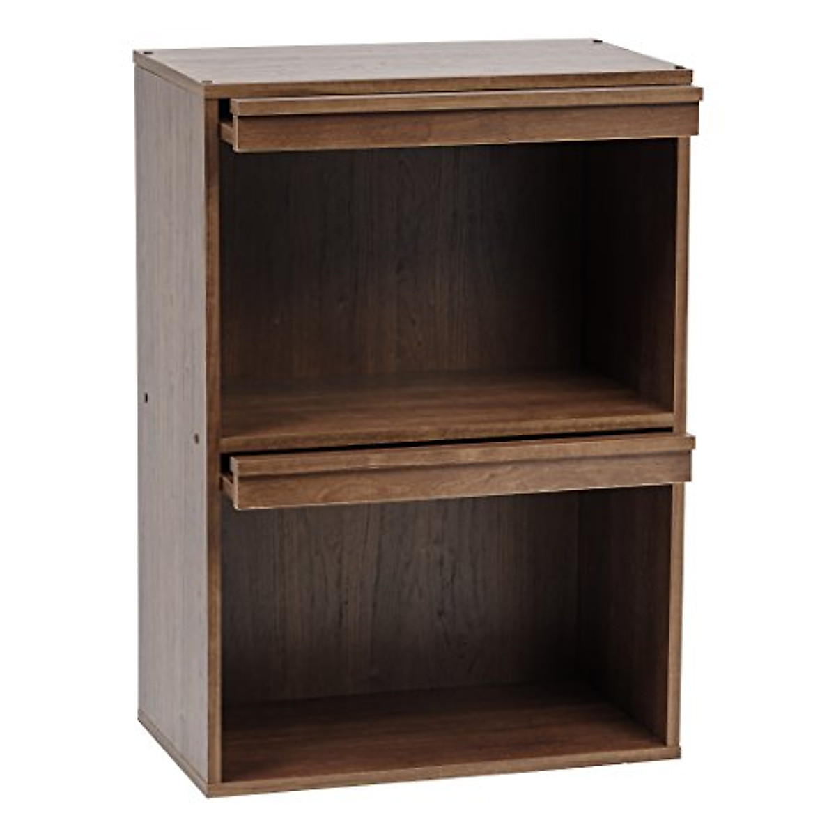 IRIS USA, Inc. 2-Tier Wooden Shelf with Pocket Doors, Stylish Stackable Shelving Unit with 2 Retractable Flap Doors for Additional Photo Record Picture Storage, Dark Brown