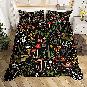 Erosebridal Mushroom Duvet Cover for Boys Girls Kids, Dandelion Flower Comforter Cover Butterfly Floral Bedding Set Nature Botanical Wild Fungus Bed Cover Full Size with 2 Pillowcases, Colorful Black