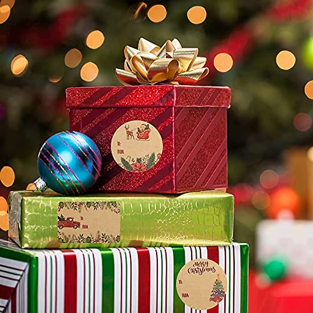 Giiffu 144 Xmas Adhesive Labels Natural Kraft Simple Christmas Self Adhesive Name Gift Tags ​Holiday Present Stickers