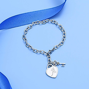 malyunin Initial Bracelets Key Heart Charm Bracelets for Women Charms Bracelet for Girls Stainless Steel Bracelet 26 Letters Jewelry Birthday Christmas Gifts A-Z (A)