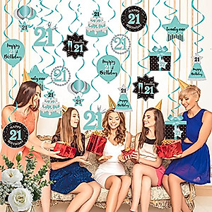 Happy 21st Birthday Party Hanging Swirls Streams Ceiling Decorations, Celebration 21st Foil Hanging Swirls with Cutouts for 21 Years Teal Silver Black Blue Birthday Party Decorations Supplies