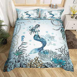 Feelyou Mermaid Bedding Set King Size Ocean Life Sea Animal Comforter Cover Set for Kids Boys Girls Children Princess Decor Bedding Duvet Cover Set Room Decor Fish Scales Bedspread Cover 3Pcs
