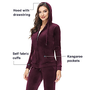 ANOTHER CHOICE Velour Tracksuit Women 2 Piece Zip-Up Velvet Sweatsuits Hooded Soft Jogging Set(Wine,Small)