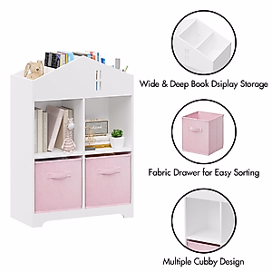 Tzou Kids Dollhouse Bookcase with Storage, Toddler Bookshelf, 2-Tier Storage Display Organizer with 2 Collapsible Fabric Drawers for Boys Girls Bedroom, Playroom House Bookshelf White+Pink