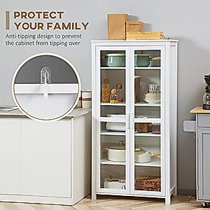 HOMCOM Freestanding Kitchen Pantry, 5-Tier Storage Display Cabinet, Curio Cabinet with Adjustable Shelves and 2 Glass Doors for Living Room, Dining Room, White