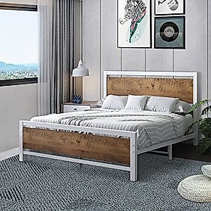 Catrimown Queen Bed Frame with Headboard White Queen Bed Frame with Heavy Duty Steel Slat Supports Metal Platform Bed Frame Queen Size Under Bed Storage Space, Queen Bed Frames No Box Spring Needed