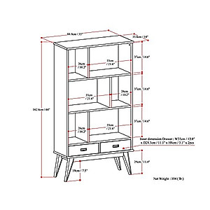 SIMPLIHOME Draper SOLID HARDWOOD 64 inch x 35 inch Mid Century Modern Wide Bookcase and Storage Unit in Teak Brown with 2 Drawers and 3 Shelves, for the Living Room, Study and Office