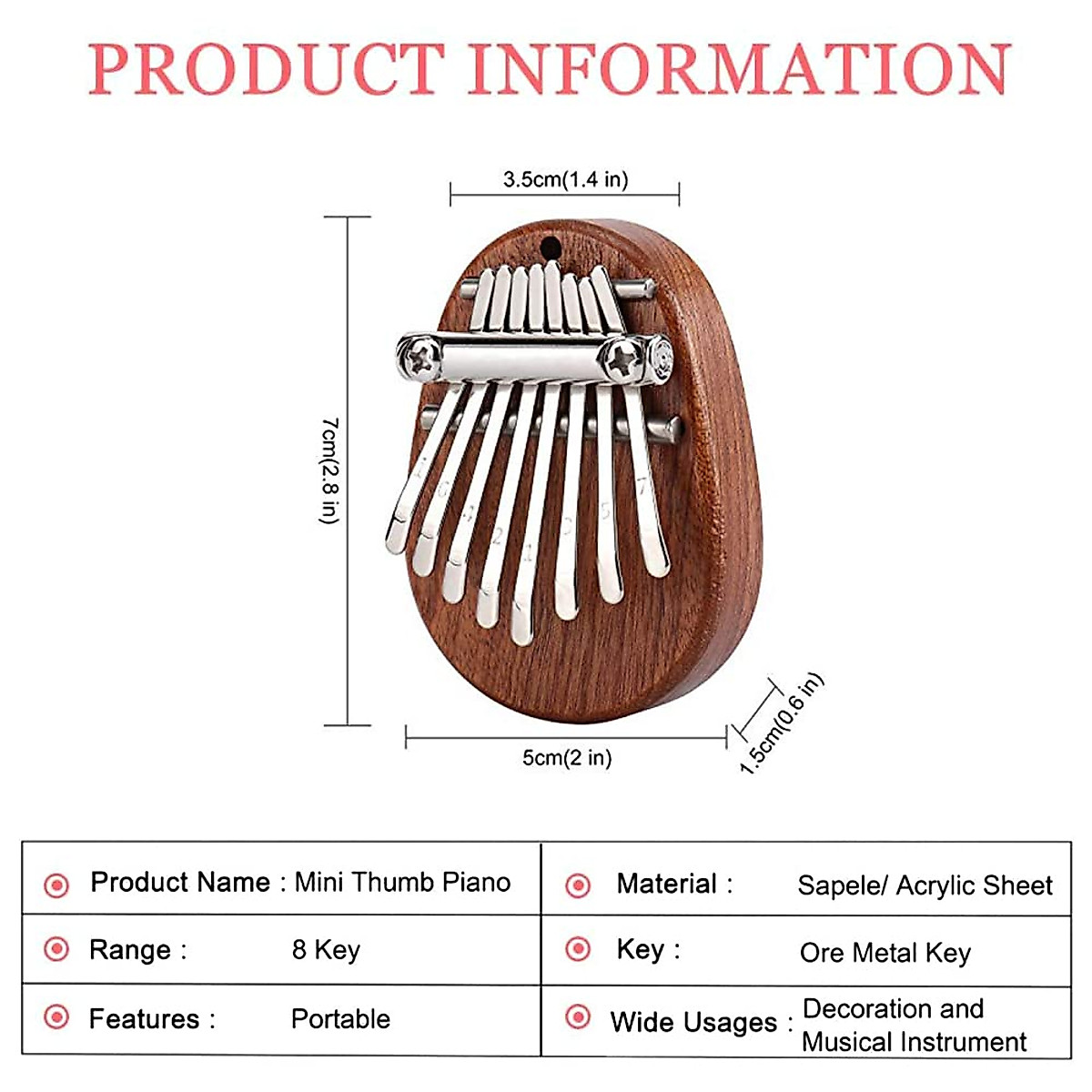 seOSTO Mini Thumb Piano, 8 Key Thumb Piano exquisite Finger Piano with Lanyard Portable Marimba Musical Thumb Piano for Teenagers And Adults Beginners