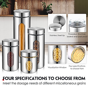 Zopeal 8 Pcs Kitchen Canister Set Stainless Steel Nested Canister Storage Set with Glass Window Airtight Lid Coffee Sugar Tea Storage Jars for Flour Pasta Cookies Spices Grains (Silver)