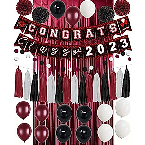 Maroon Graduation Party Decorations Congrats Class of 2023 Banner Paper Garland Including Foil Balloons Fringe Curtains Tassels Paper Pompoms for Senior High School College Graduation Celebration Decorations