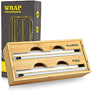 Wizsofer 2 in 1 Foil and Plastic Wrap Organizer, Bamboo Plastic Wrap Dispenser with Cutter and Labels, Plastic Wrap, Wax Paper, Aluminum Foil Organization and Storage for Drawer, Fits with 12" Roll