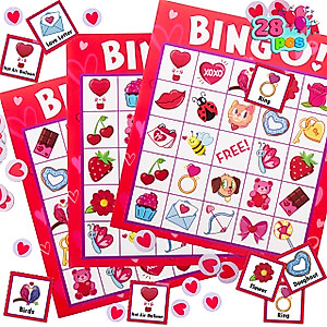 JOYIN 28 Players Valentine's Day Bingo Set, Game Cards for Kids School Classroom Party Supplies, Family Activity