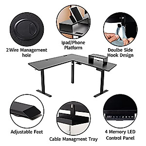 UNICOO - L Shaped Triple Motor Electric Height Adjustable Standing Desk, Computer Corner Desk, Home Gaming Desk, Office Writing Workstation (Black Top/Black Frame - XOT-L3E-BB)