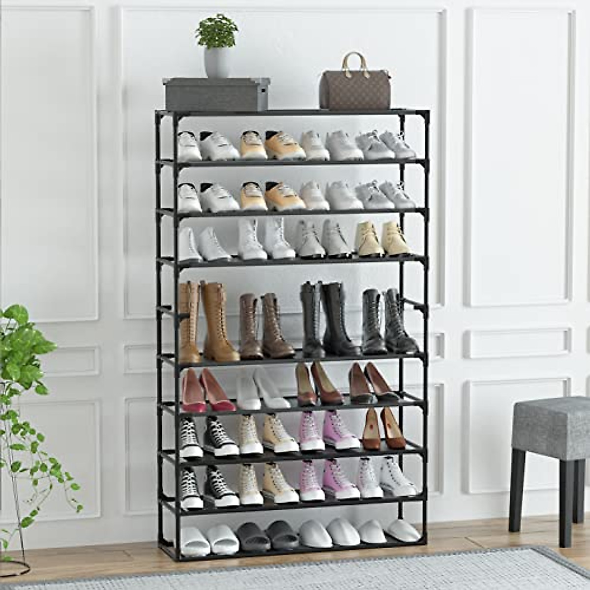 TY ARTS & CULTURE 2 Pack 10-Tiers Shoe Rack Organizer, Sturdy Metal Pipes & Durable Non-Woven Fabric, Space Saving Tall Shoe Rack Hold 80-100 Pairs, Shoe Rack for Entryway (Black)