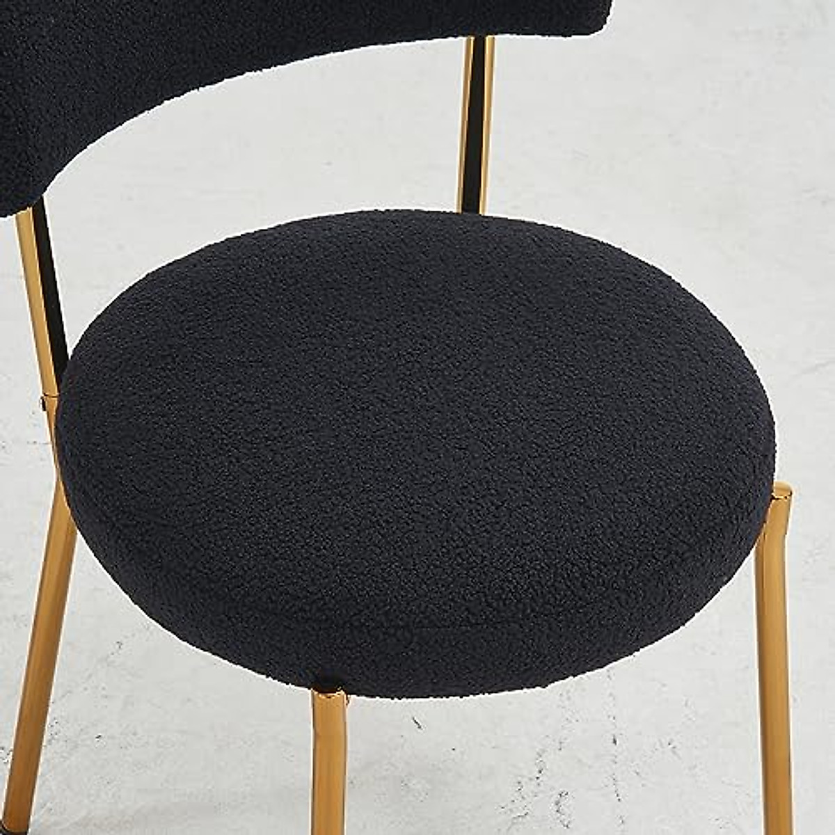 Dolonm Kitchen Dining Chairs Set of 2, Teddy Fabric Upholstered, Bouclé and Sherpa Chair, Curved Back Kitchen Chair, Metal Frame Side Table Chair, Black with Gold Legs (Set of 2)